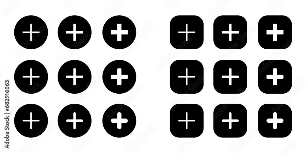 Add button icon vector. Social media plus symbol in different ...