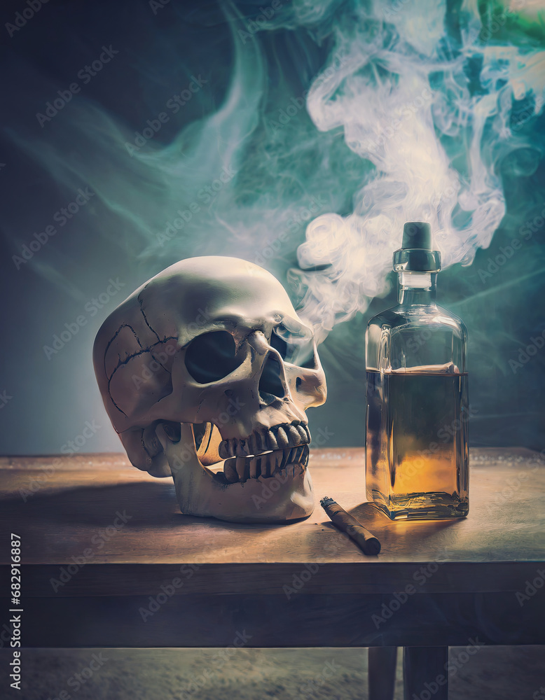 Skull with an alcohol bottle and cigarette on the table. Poisonous ...