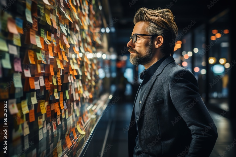 Fotka „Visionary Wall: The businessman looks at a wall turned visionary ...