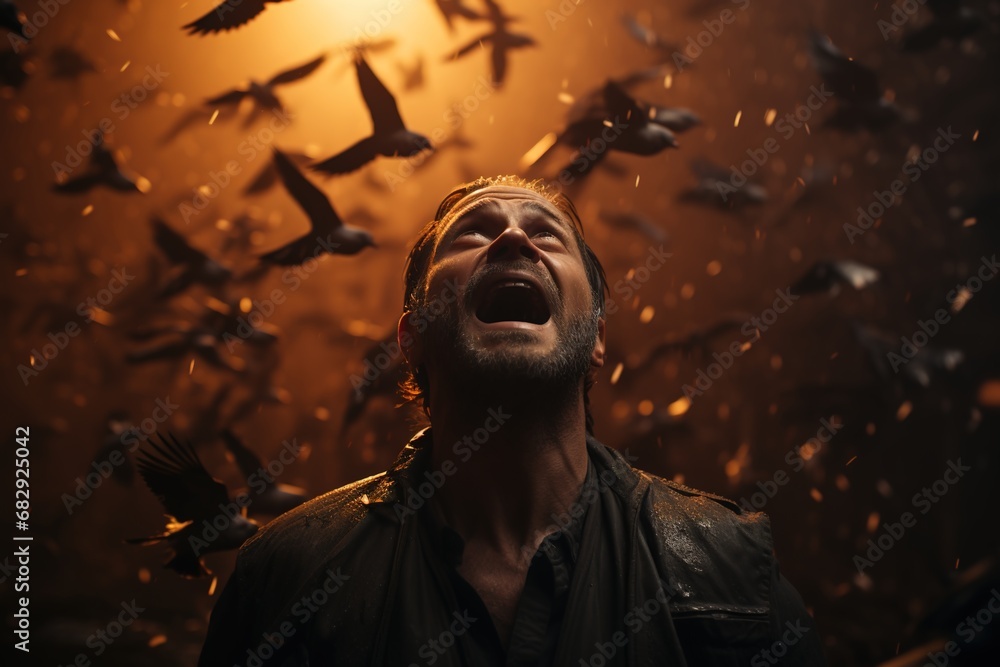 Echoes of Despair: A Lost and Afraid Man, Encircled by Crows, Grapples ...