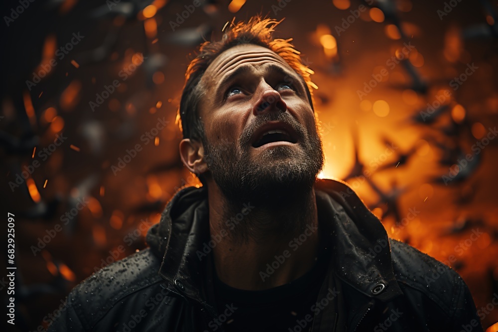 Echoes of Despair: A Lost and Afraid Man, Encircled by Crows, Grapples ...