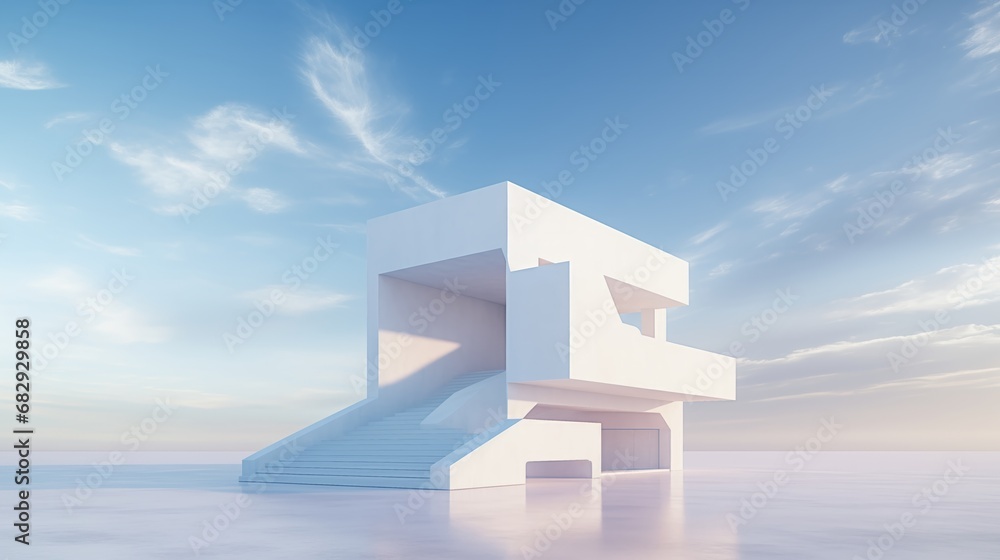 In a surreal and minimalist a towering structure with clean lines and ...