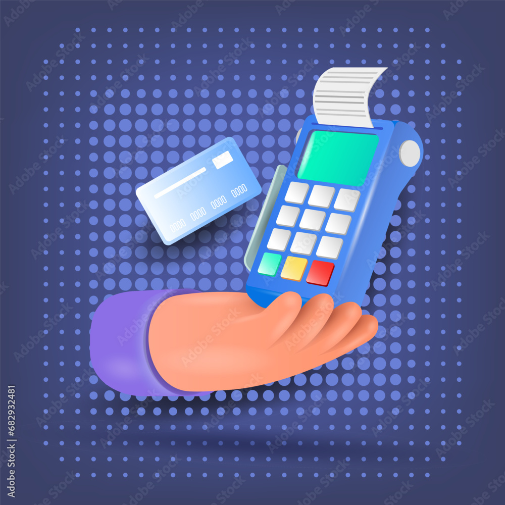 Cartoon hand and modern POS-bank payment device. A payment device with ...