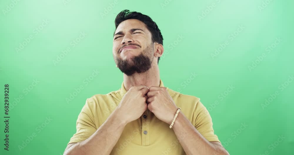 Green screen, sick and man with sore throat stress in studio for flu ...