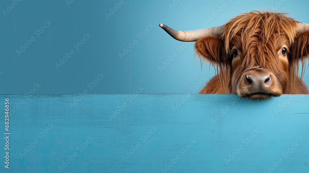 highland cow peeking around a corner, blue background, place for a text ...