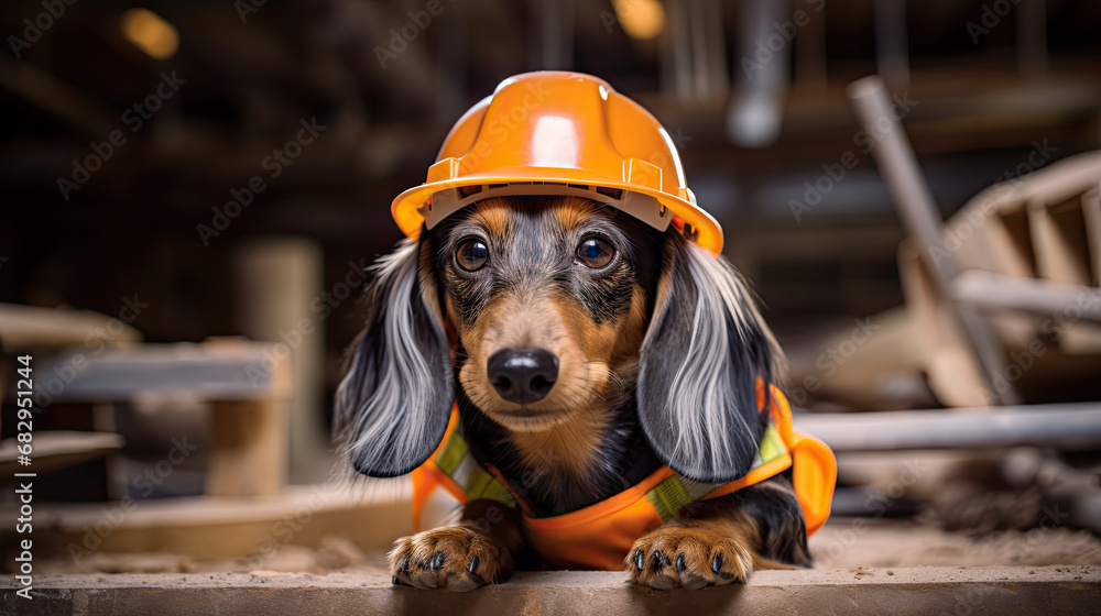 Dachshund dog wearing hard hat and safety vest as a construction worker ...