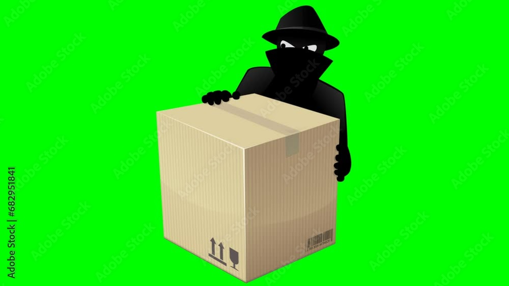 Animation loop of a cardboard box behind which a masked criminal ...