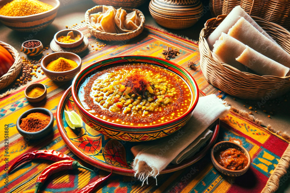 Ethiopian Lentil Soup (Misir Wot) with Injera. Illustration for banner ...