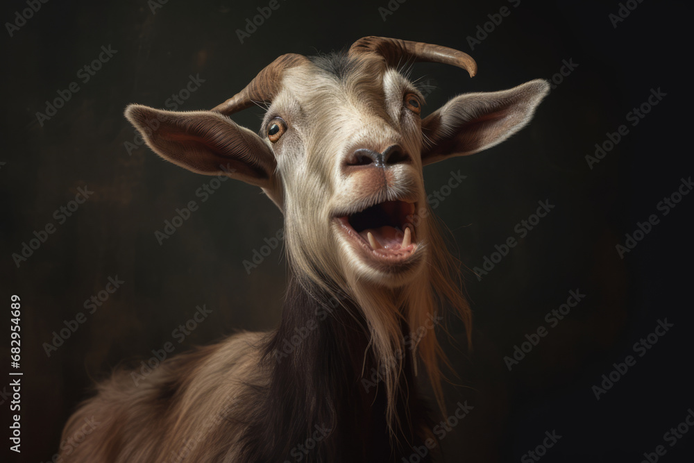 Portrait of Surprised Goat. Head of funny silly looking pet on wooden ...