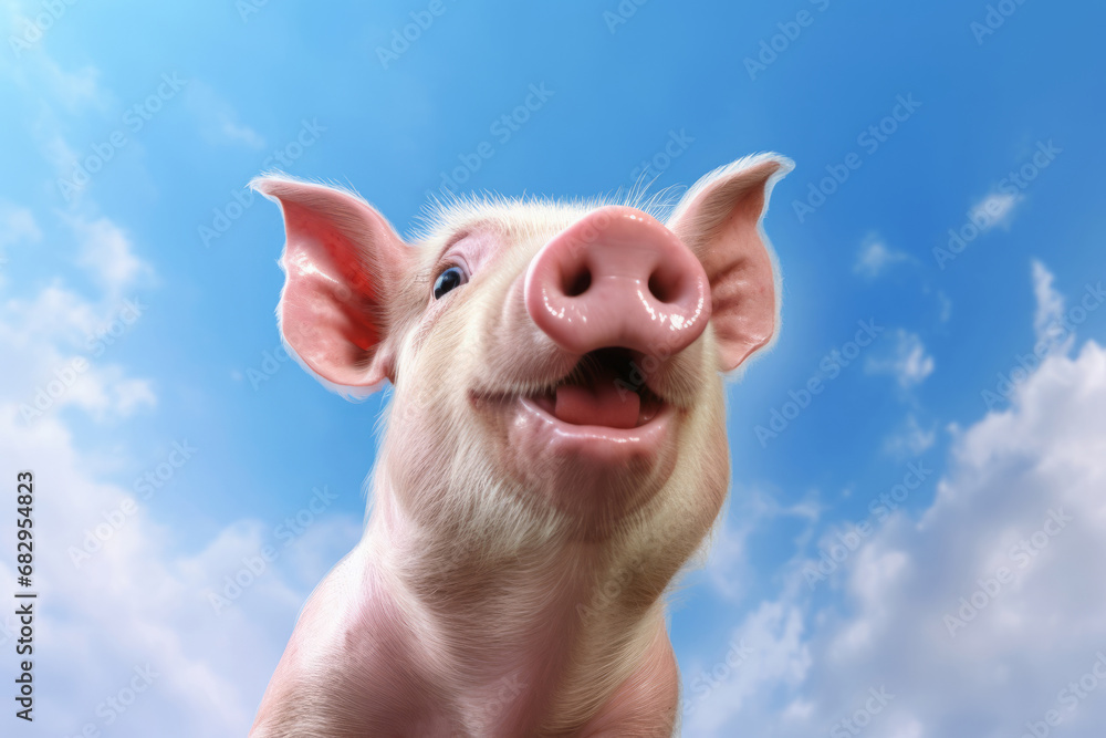 Animal portrait of surprised laughing funny big pig outdoors. Blue ...
