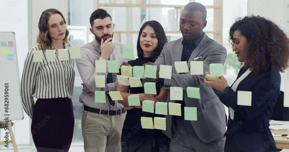 Business people, thinking and team in schedule planning, meeting or ...