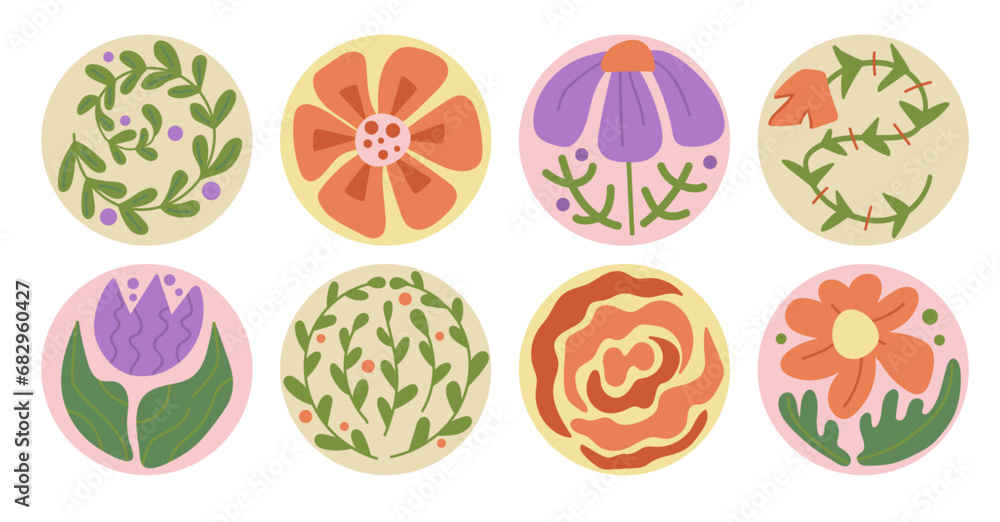 Set of drawn flowers. Groovy retro floral circle banner. Botanical ...