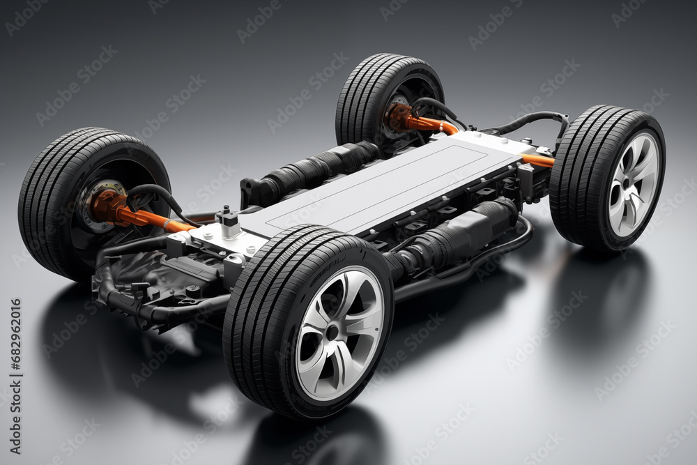 Electric vehicle chassis with a battery pack at the base of the power ...