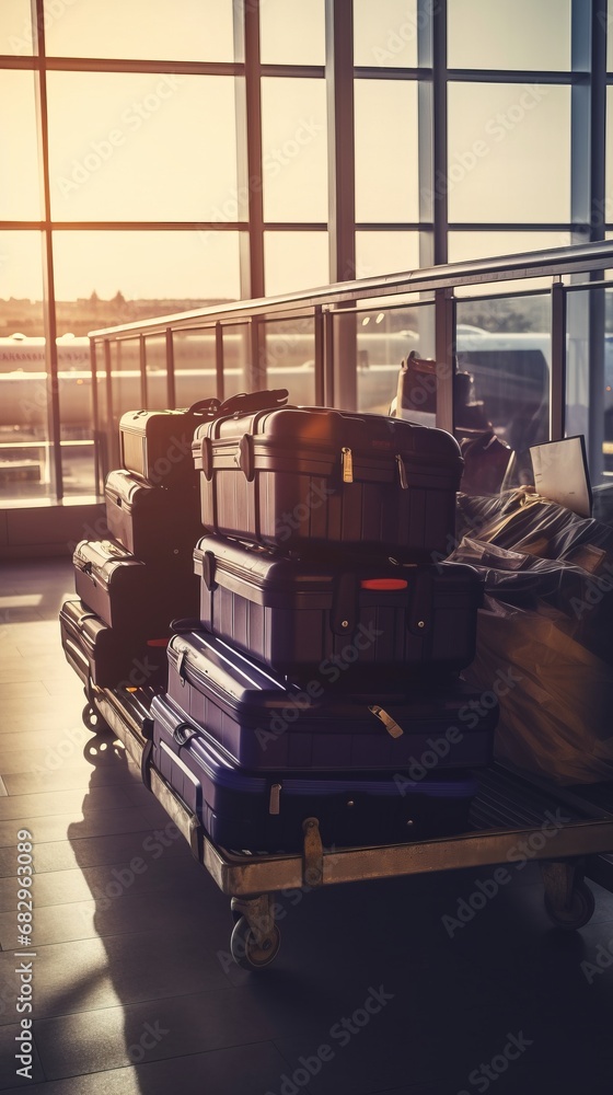 Luggage cart loaded with suitcases at the airport terminal with planes ...