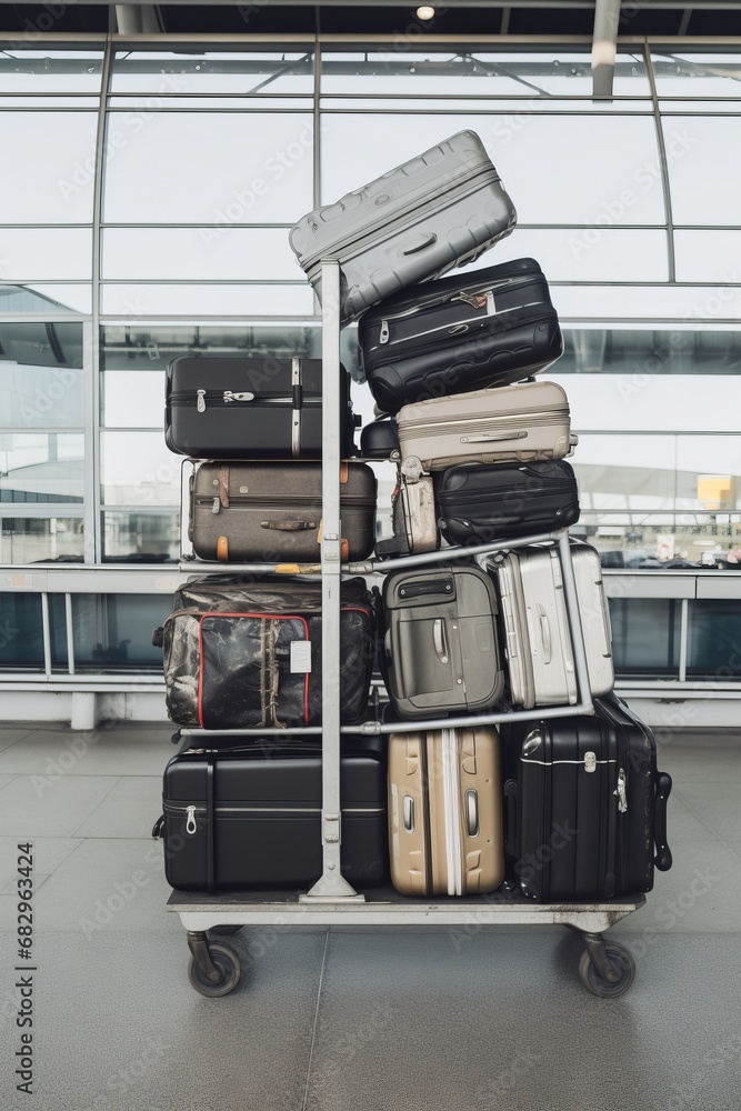 Luggage cart loaded with suitcases at the airport terminal with planes ...