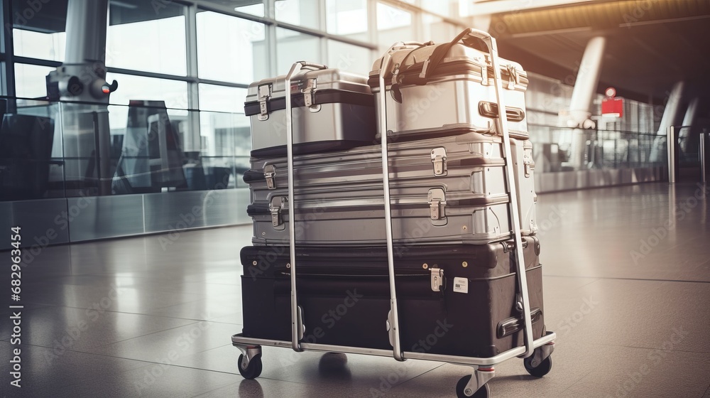 Luggage cart loaded with suitcases at the airport terminal with planes ...
