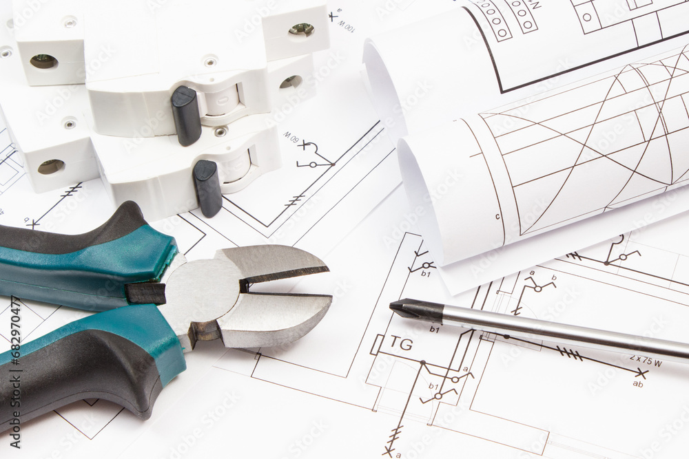 Work tools, electric fuse and diagrams of housing plan with electrical ...