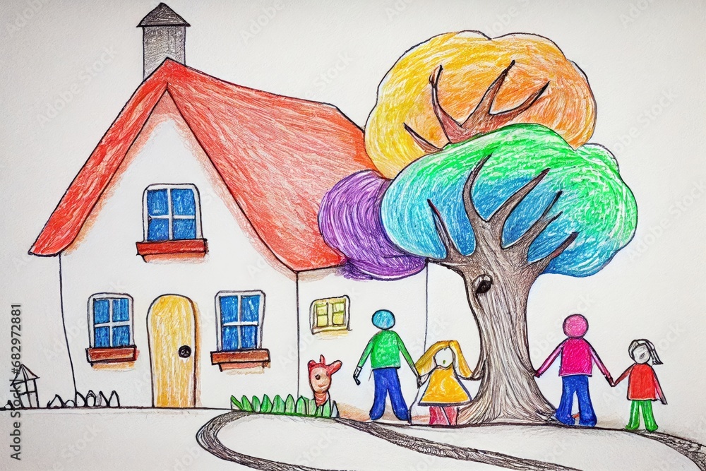 Colorful child's drawing: a charming house and a happy family, rendered ...