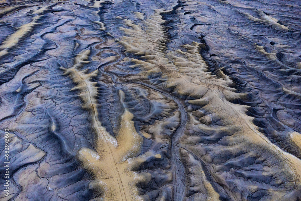 Aerial perspective of river deltas and sediment patterns Stock Photo ...