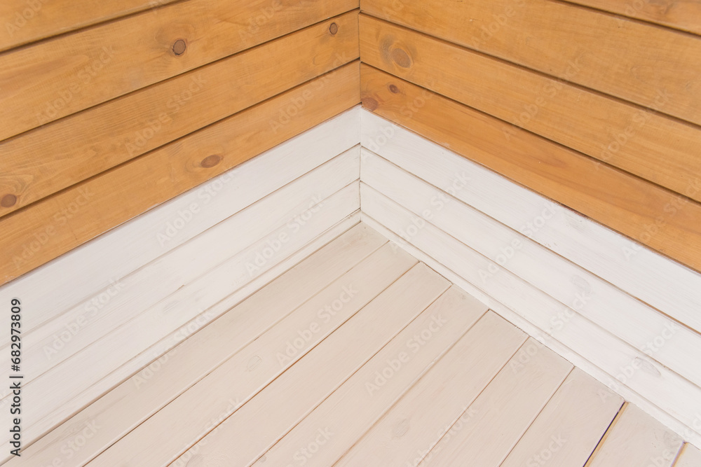 Wooden brown white light color boards corner plank joint interior ...