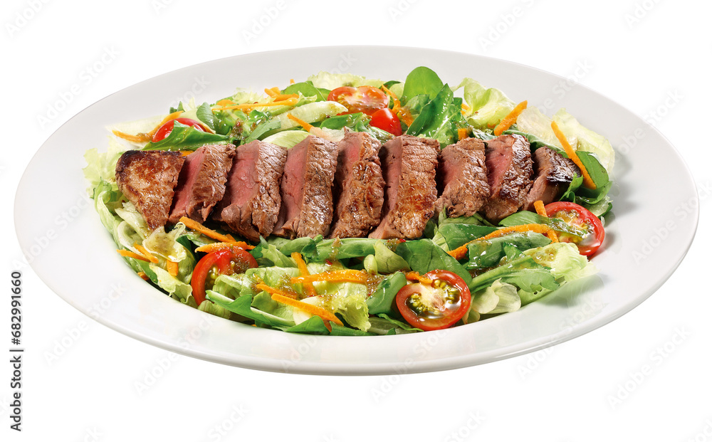 prato com salada de folhas verdes e tomate acompanhado de fatia de filé ...