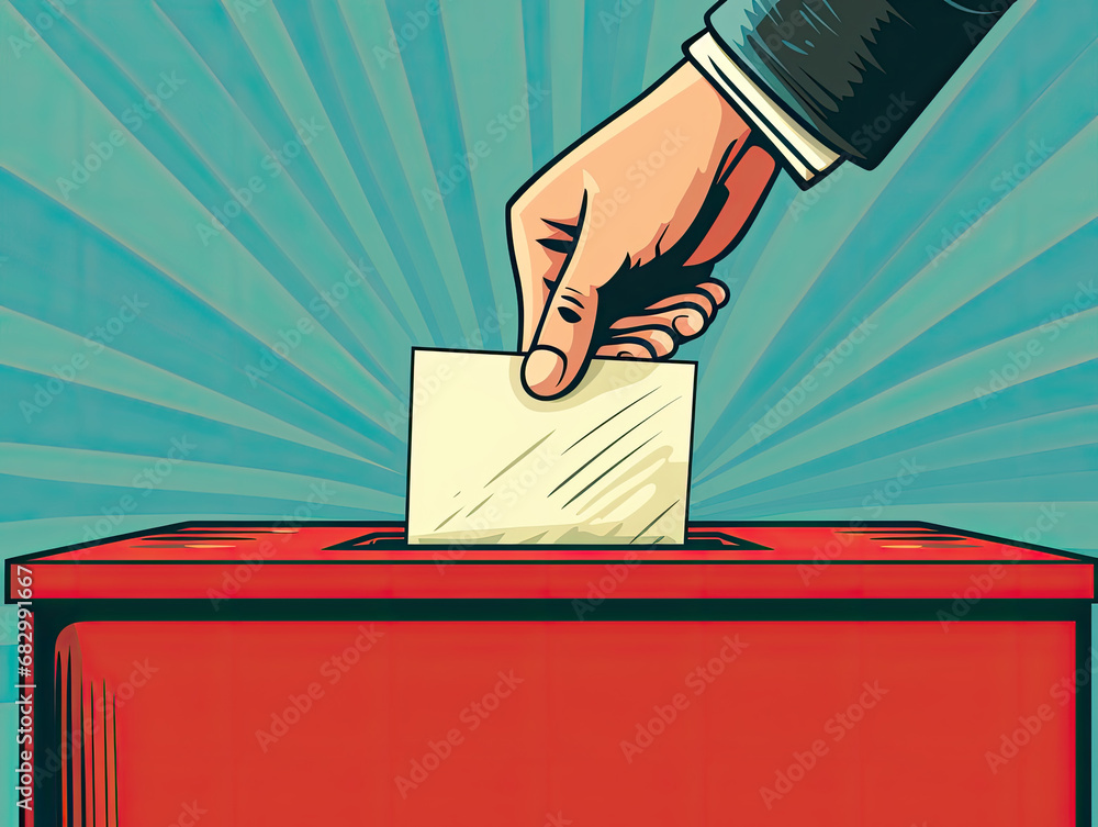 Simple illustration of a hand puts a voting sheet into a red ballot box ...