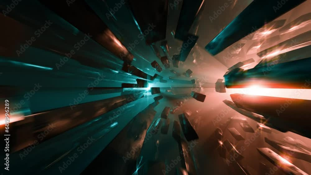 Seamless loop sci-fi flight through hi-tech technology cyberspace tunnel with magenta and blue ...