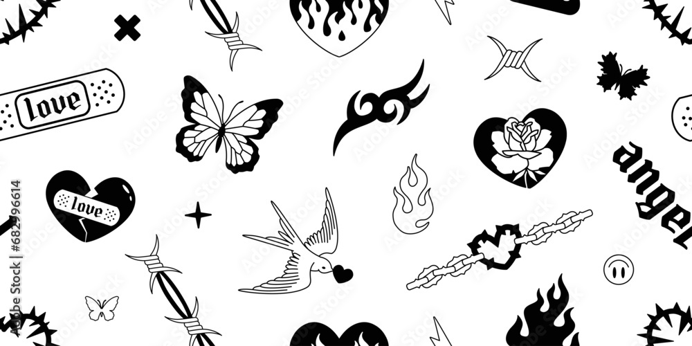 Y2k seamless pattern in 2000s style. Tattoo Art from 90s. Simple tattoo ...