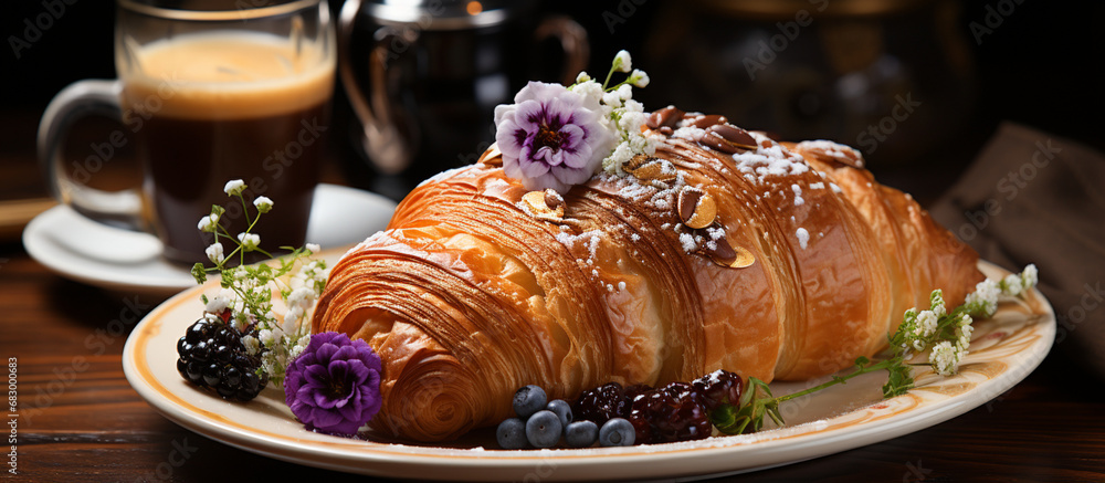 Irresistible breakfast with chocolate croissants, coffee and fresh ...