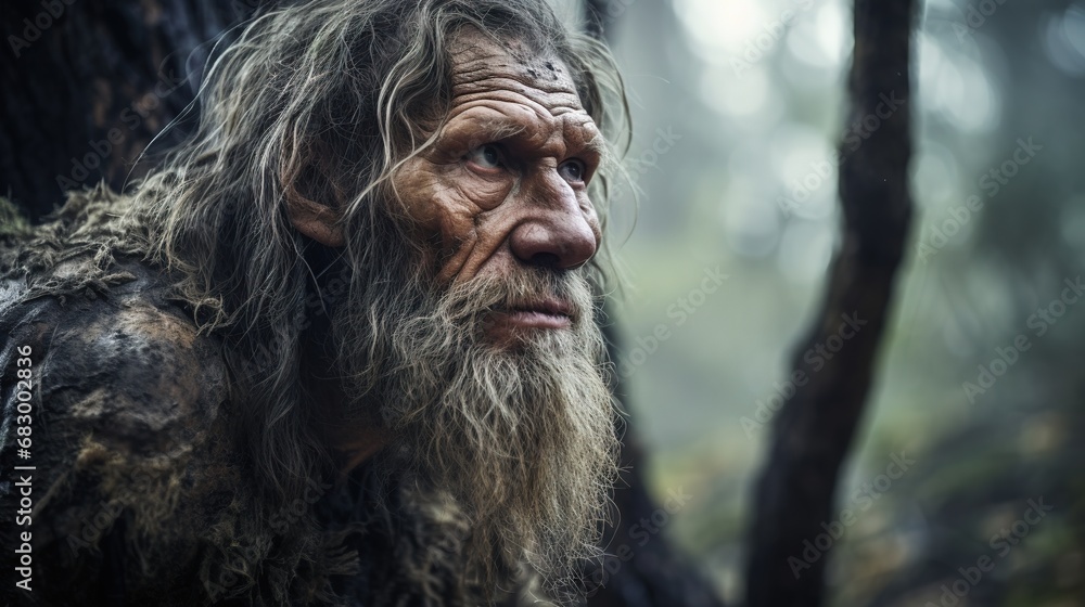 Neanderthal man in the forest, uncivilized, unintelligent, or uncouth ...