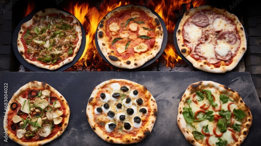 four pizzas sitting on top of a pizza pan in front of an open fire ...