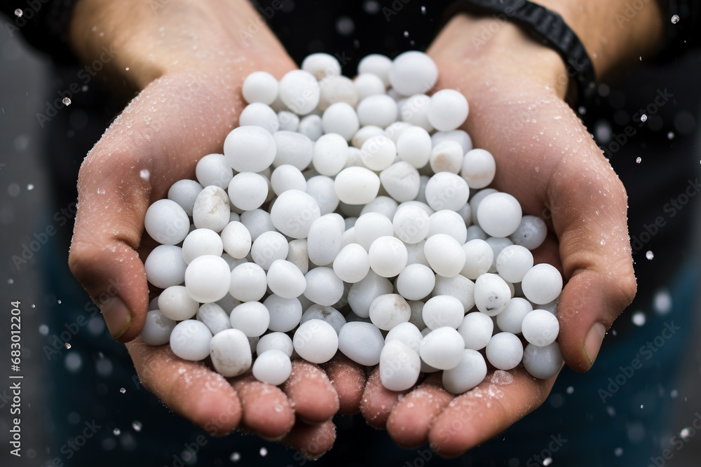 fresh and pure human with frozen raindrops known as hail stones exhibit ...