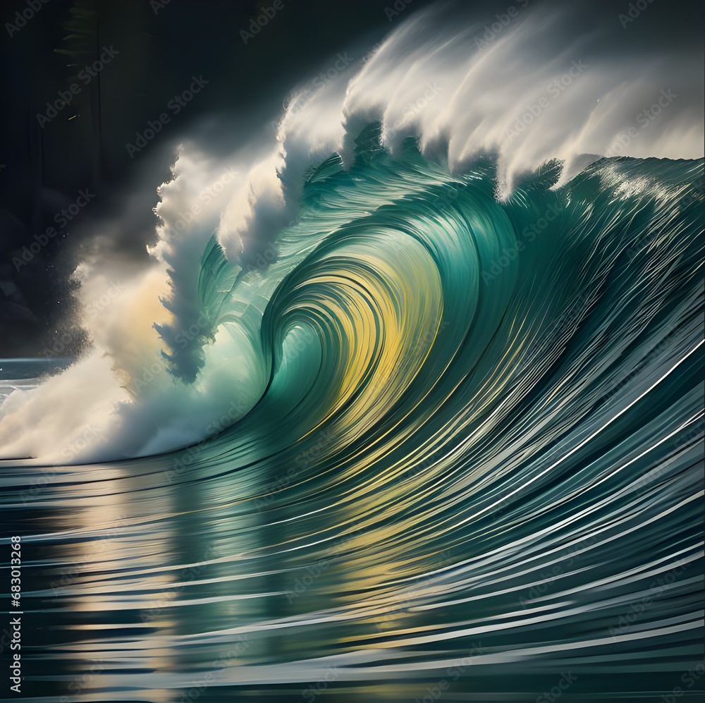 The image depicts a large, powerful ocean wave on the brink of breaking ...