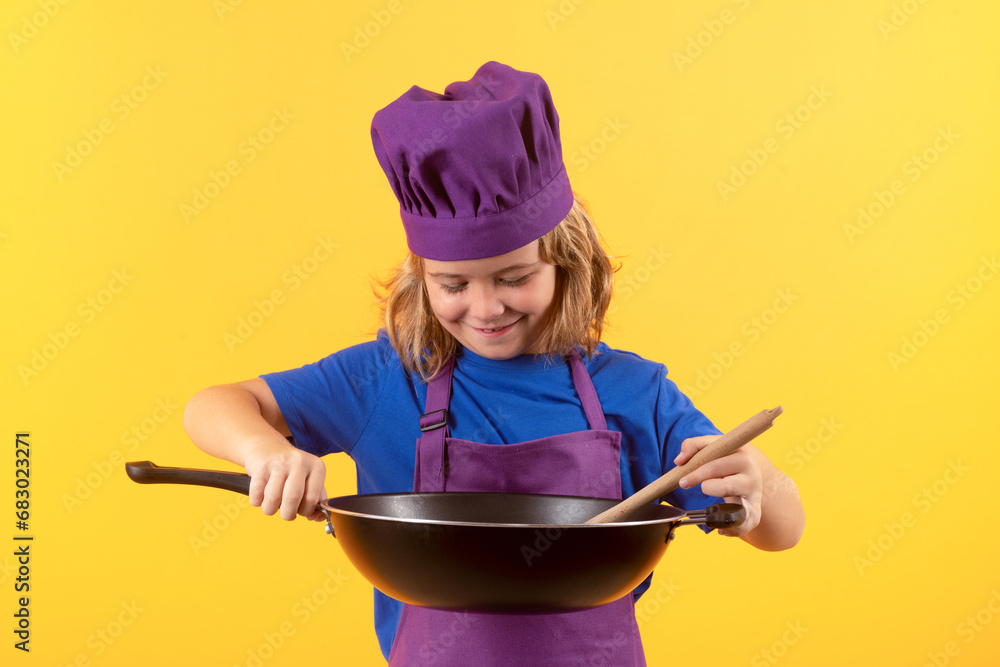 Kid cook with cooking pan. Kid chef cook prepares food on isolated ...