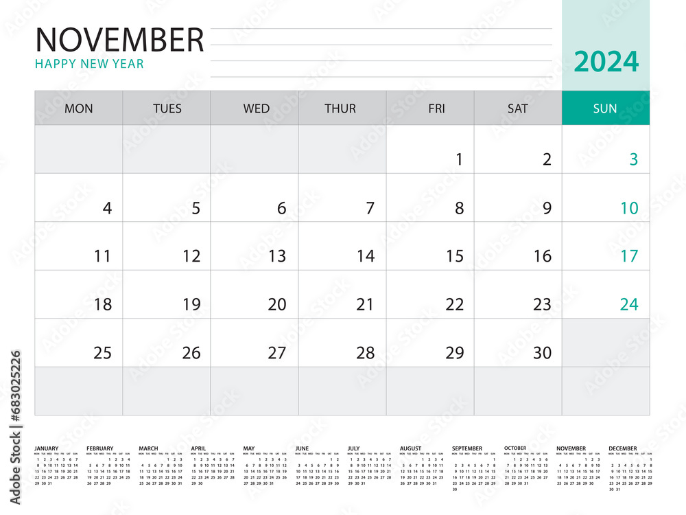 November 2024-Calendar 2024 template vector on green background, week ...