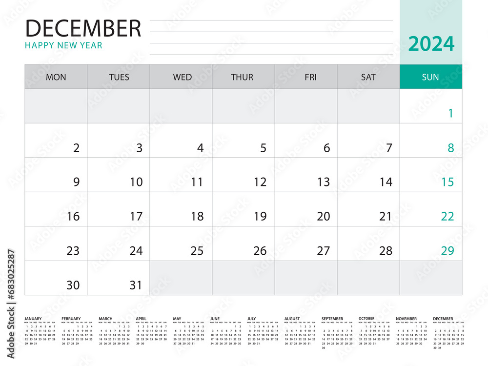 December 2024-Calendar 2024 template vector on green background, week ...