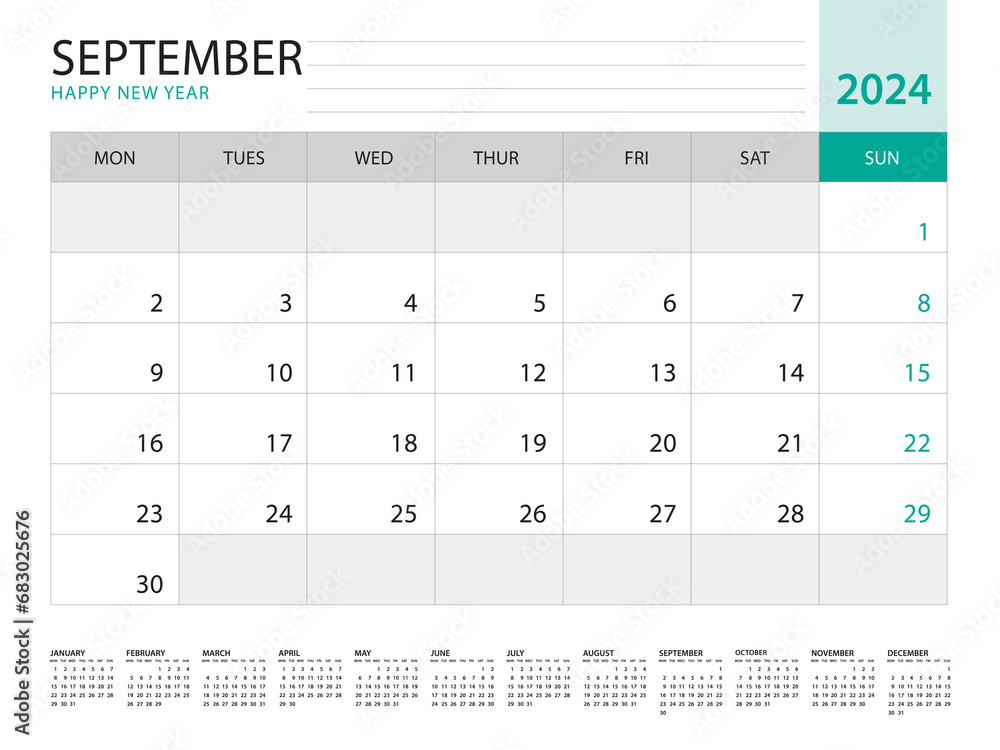 September 2024-Calendar 2024 template vector on green background, week ...