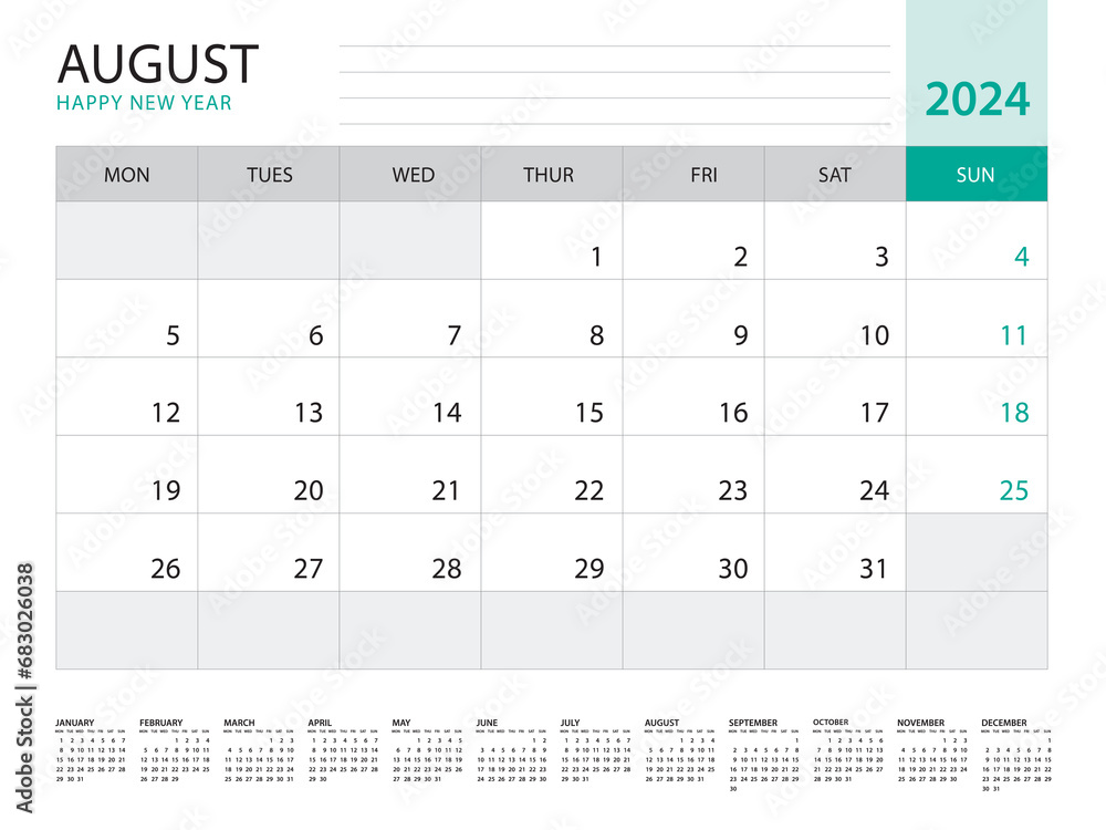 August 2024-Calendar 2024 template vector on green background, week ...