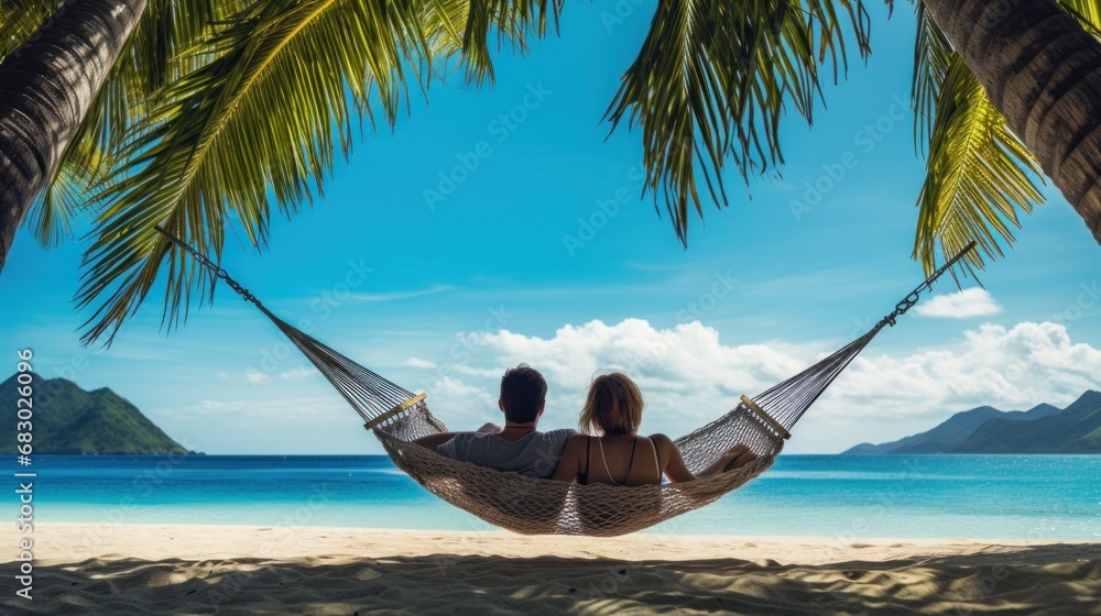 couple lounging on a hammock tied between two palm trees on sandy beach with the ocean in ...
