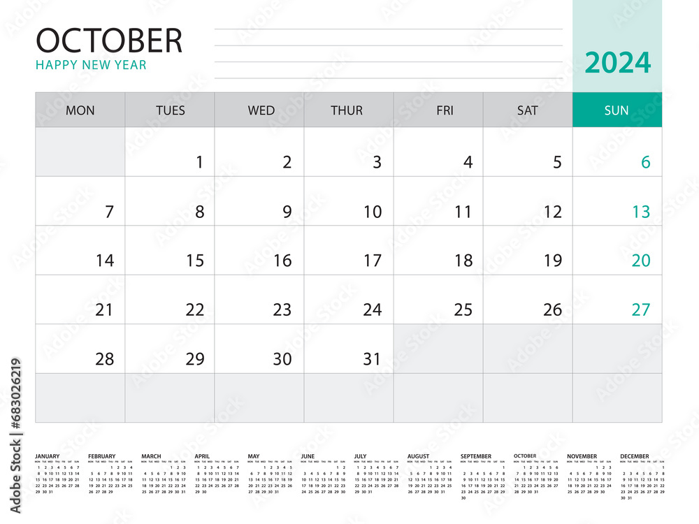 October 2024-Calendar 2024 template vector on green background, week ...