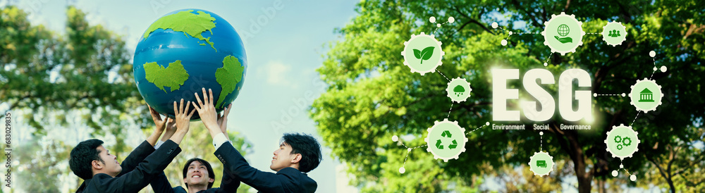 Group of business people promote environment awareness, holding big ...