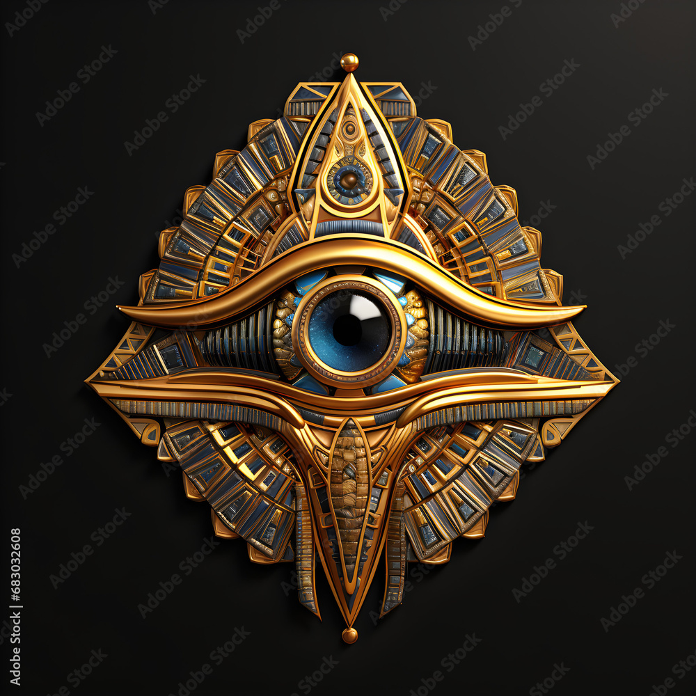 The golden eye of Horus with a golden effect on a black background is a ...
