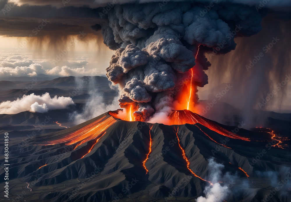 A volcano wakes up, smoke billows into the sky, red-hot lava descends ...