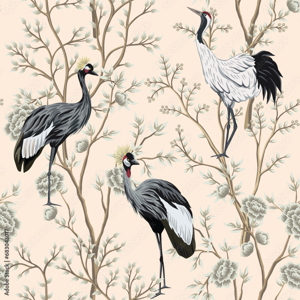 Chinese rose tree, crane and stork birds seamless pattern with pink ...