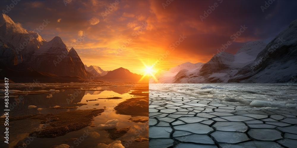 A split-screen image portrays the stark difference between hot and cold ...