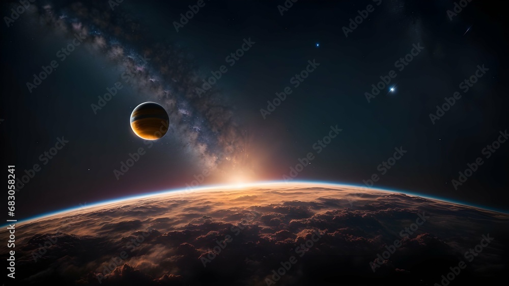 Fictional landscape of space with planets, clouds and stars shaped in a ...