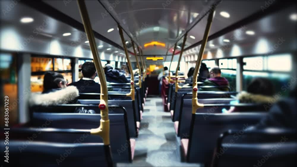 Back of bus with people commuting from work at night. Public ...