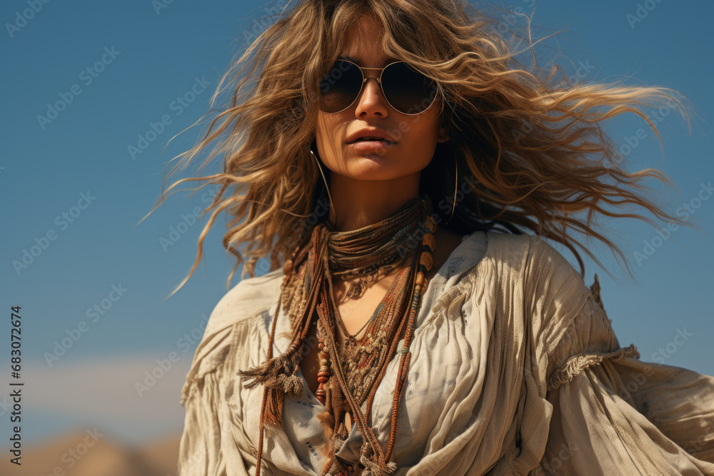 A bohemian vintage woman in a maxi skirt and a fringe vest, embracing ...