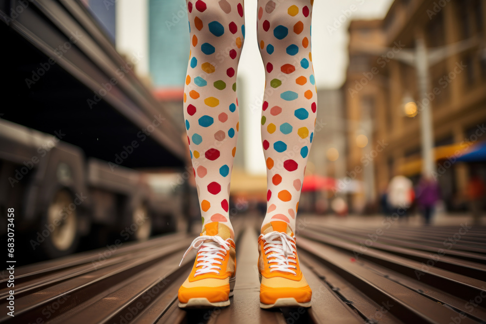 Colorful, polka-dotted tights adding a playful twist to her outfit ...