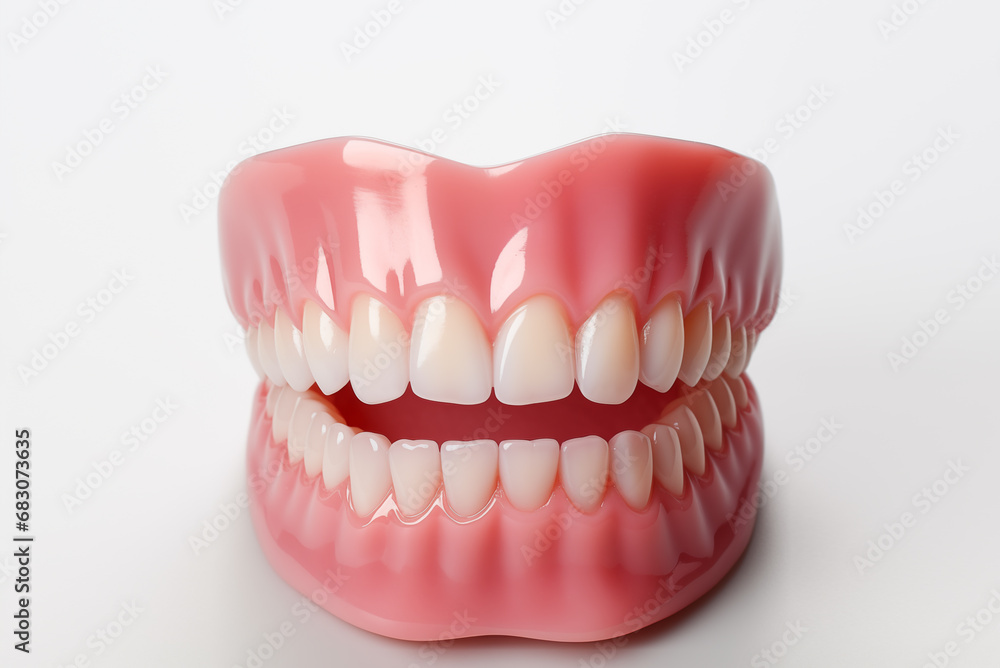 Full removable plastic denture of the jaws. Set of dentures on a white ...